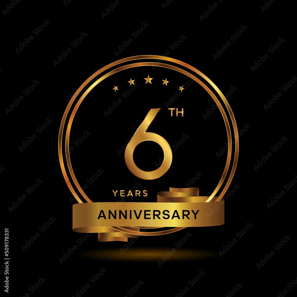6 years anniversary logo with gold color and ribbon for booklet ...