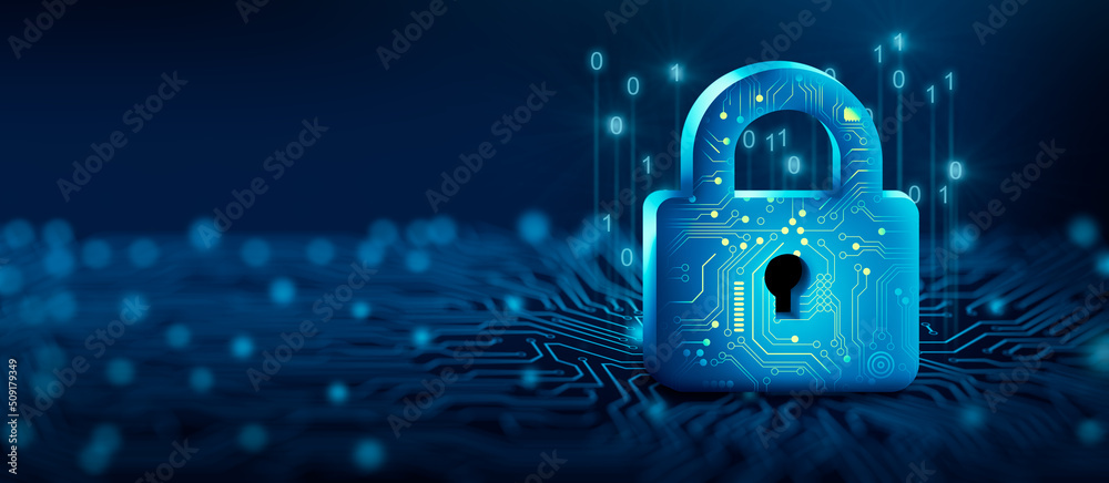 Padlock with Keyhole in data security on Converging point of circuit. Cyber data and information ...