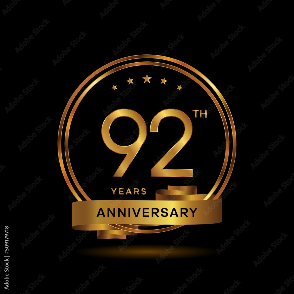 92 years anniversary logo with gold color and ribbon for booklet ...