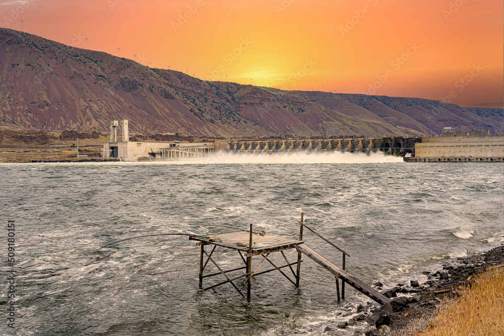 John Day Dam on the columbia River, showing an Indian fishing platform ...