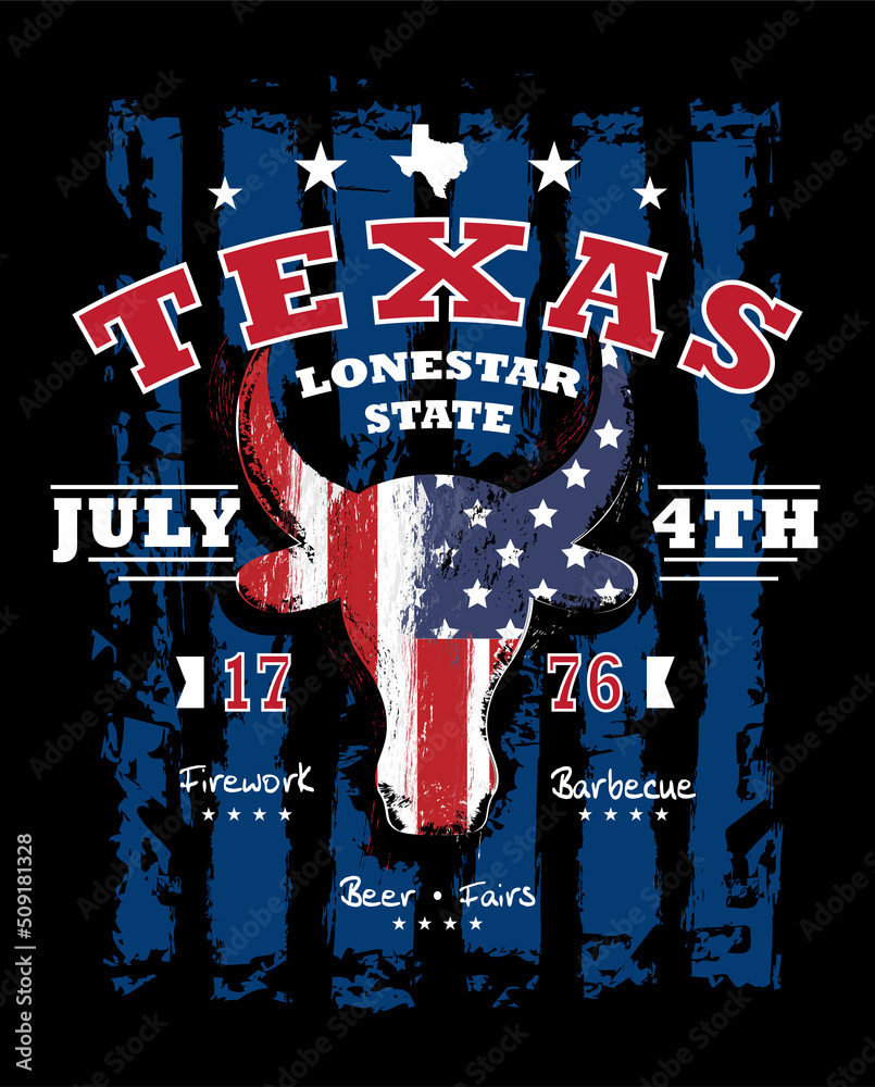 Texas longhorn, 4th of July sign, symbol, t-shirt design with us flag ...