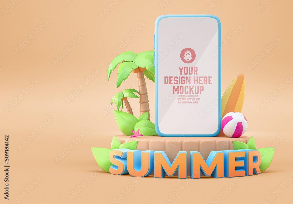 3D Summer Concept with Mobile Mockup Stock Template | Adobe Stock