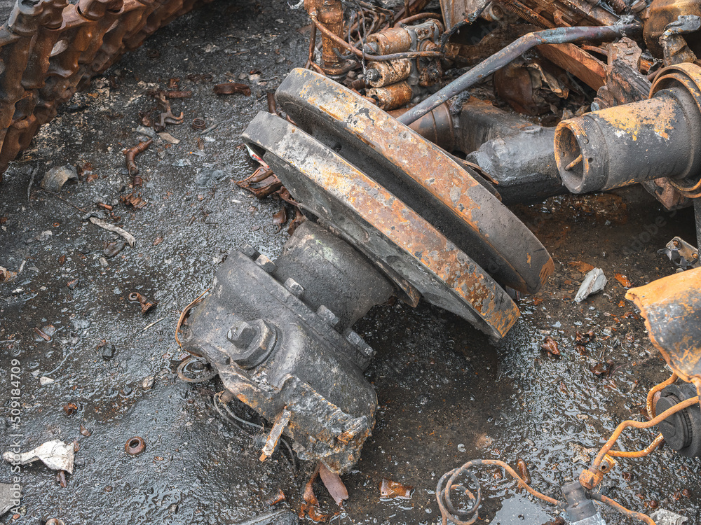 The war in Ukraine, an exploded tank, the front roller of the tank torn ...