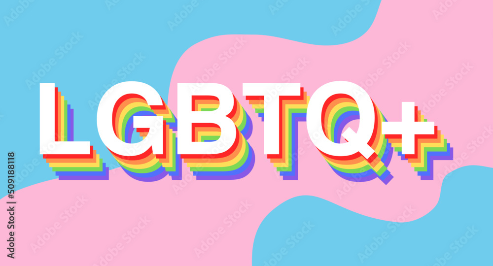 LGBTQ+ Lettering on pink and blue liquid background Banner. LGBTQ+ ...