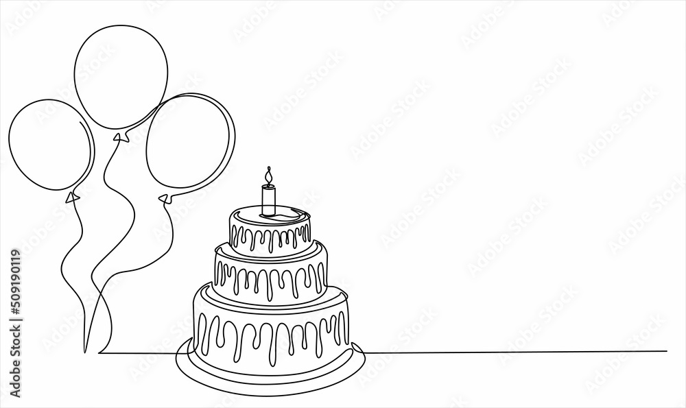 Continuous line drawing of birthday cake and balloons. Cake with sweet ...