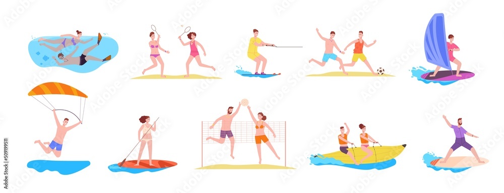 People beach games. Summer sport game activity, surfing volleyball ...