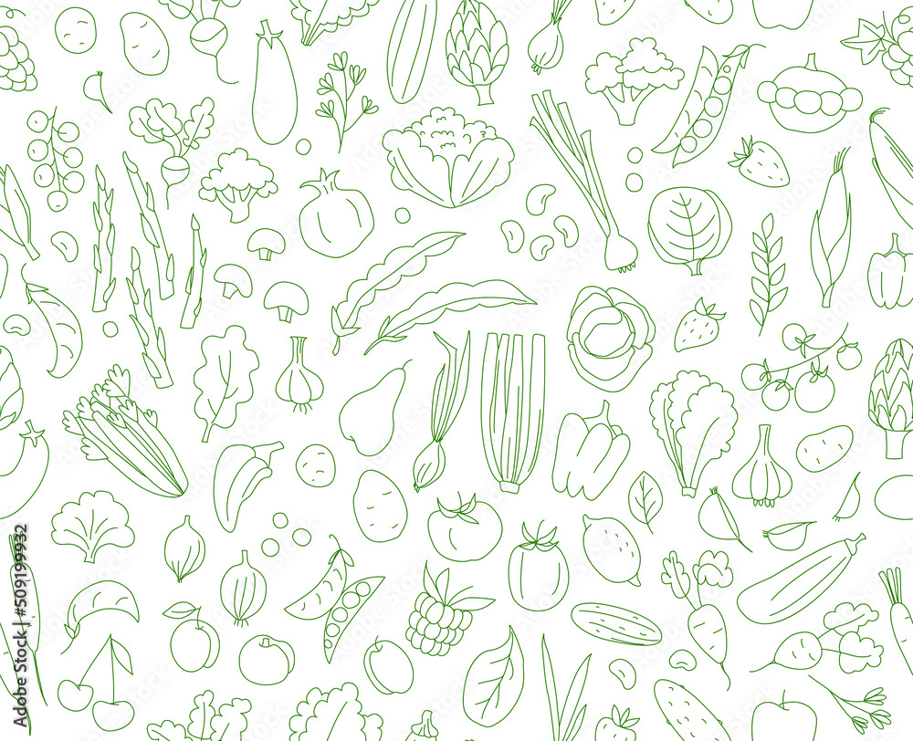 Seamless background pattern of organic farm fresh fruits and vegetables ...