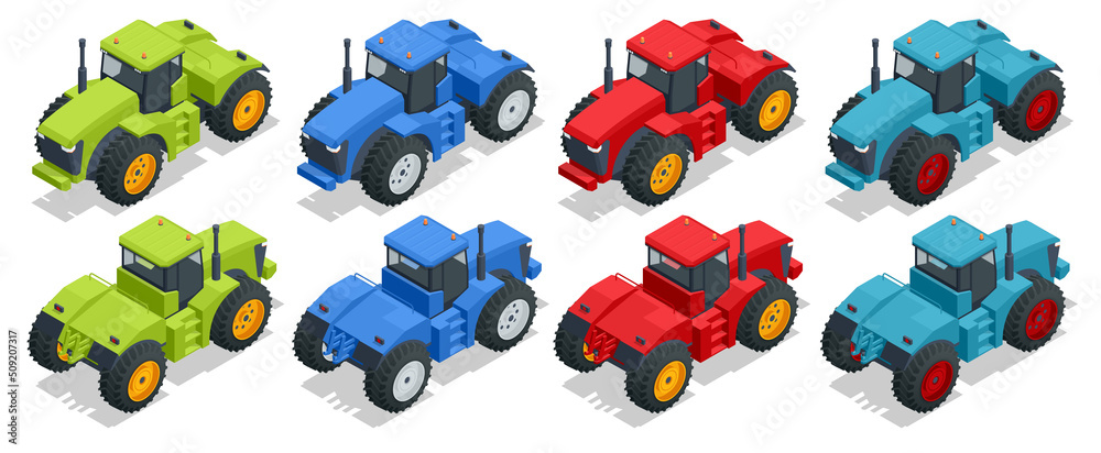 Isometric big agricultural tractor isolated on white, front and rear ...