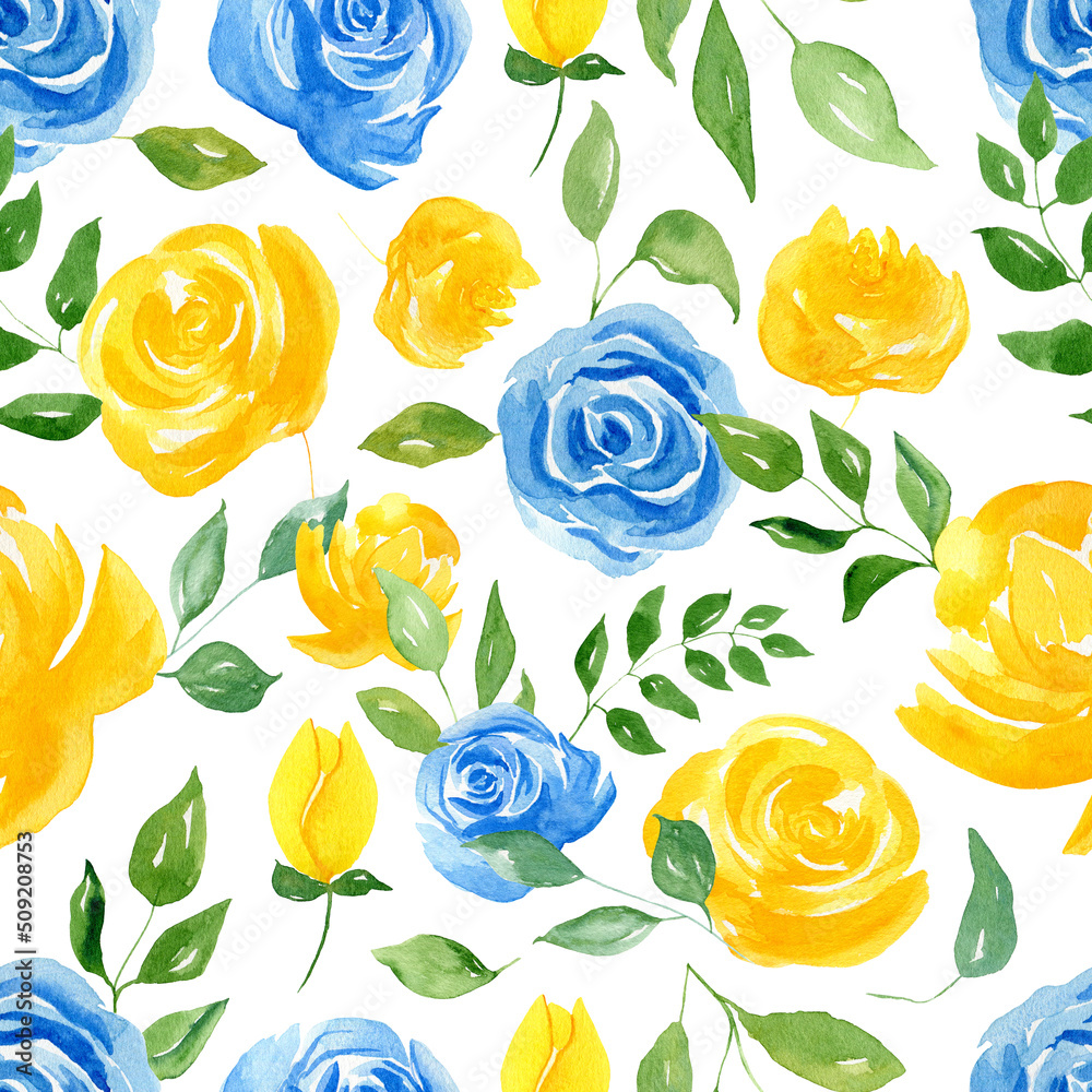 Seamless pattern with blue and yellow roses. Backgrounds and wallpapers ...
