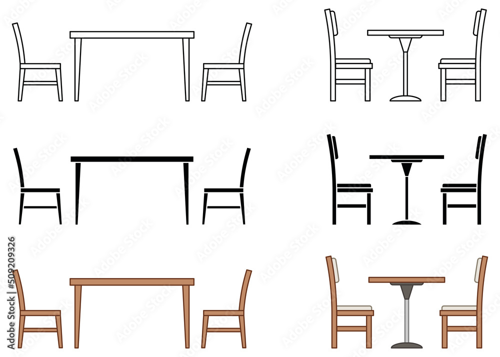 Dinner and Café Table with Chairs Clipart Set - Outline, Silhouette and ...