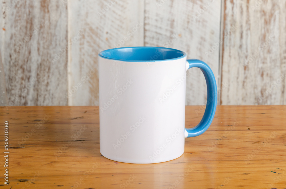 Blank white AND COLOR mug mockup photo with rustic wood background ...