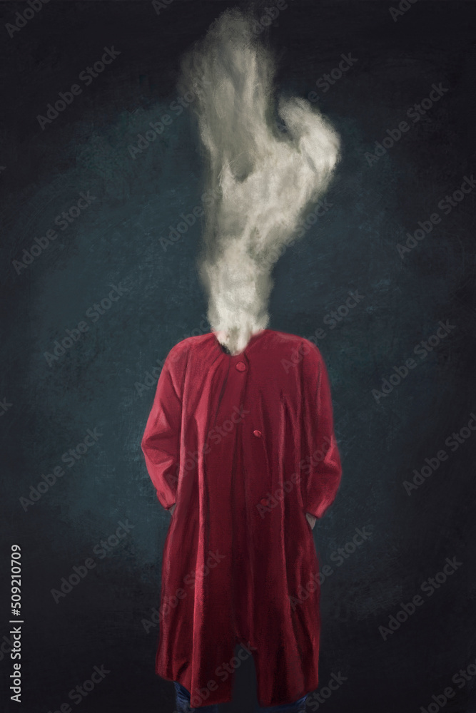 surreal illustration of a disappearing man enveloped in white smoke ...