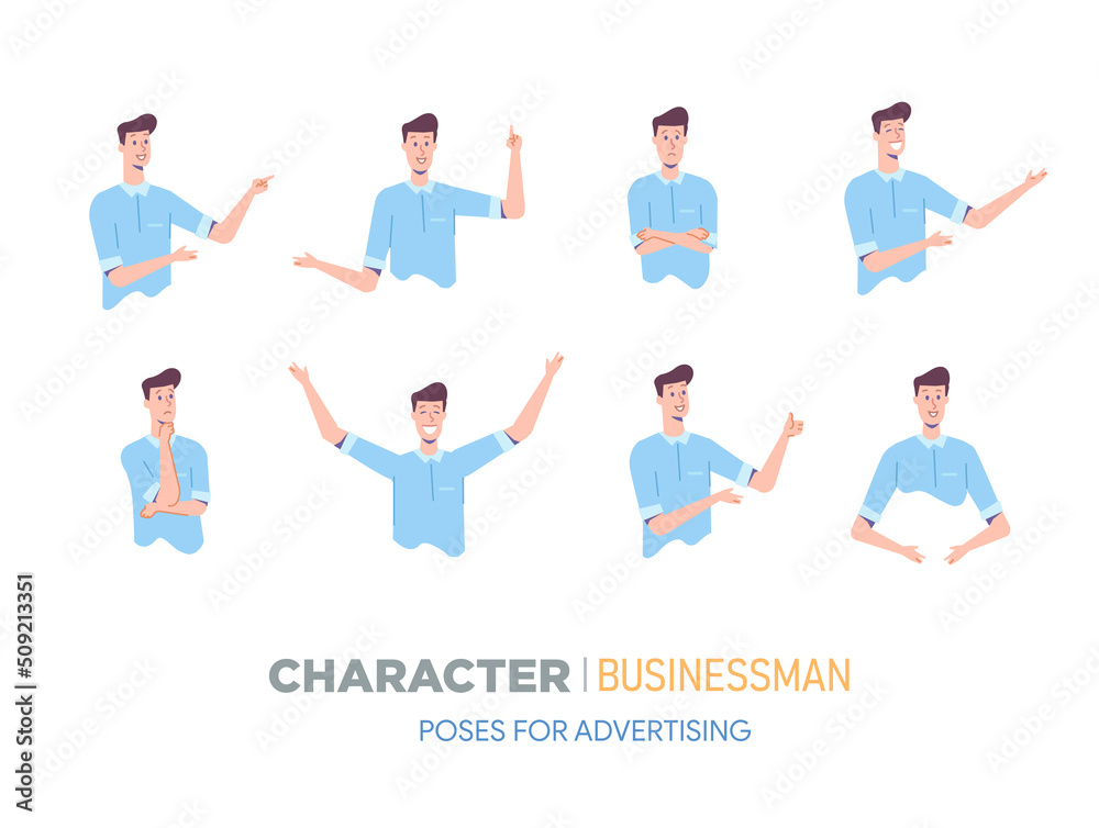 businessman character poses for advertising. Creation set with various ...
