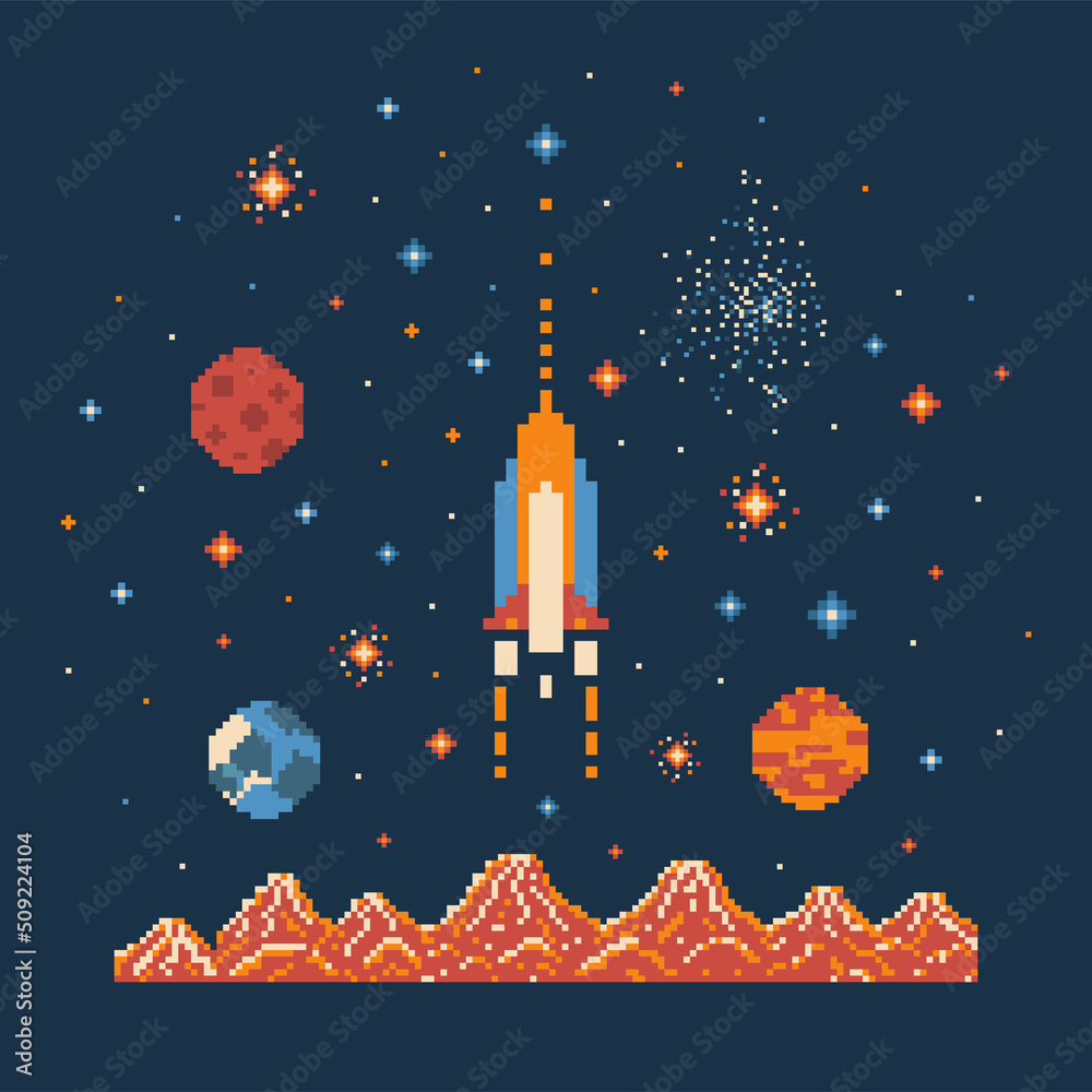 8 bit Pixel Art Rocket in Outer Space Stock ベクター | Adobe Stock