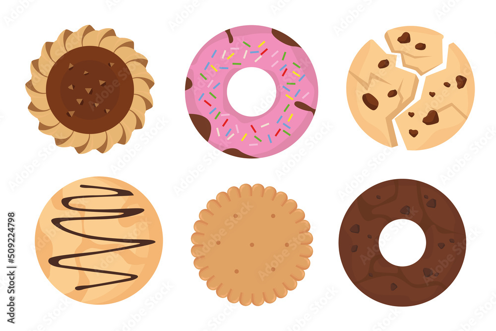 Set cookies with different filling in cartoon style. Sweet food. Vector ...