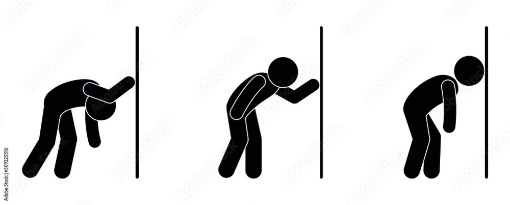 tired man leans on the wall, people rest, stickman leaned over ...