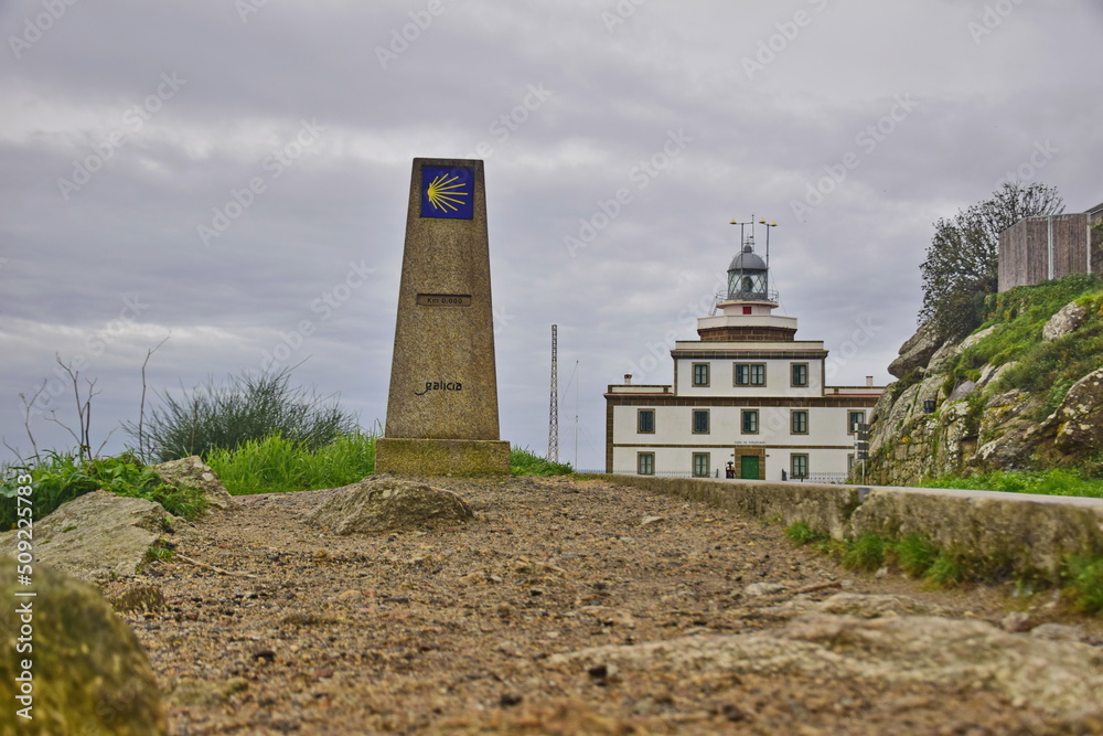 Stone pillar of kilometer zero of The Way of St. Jame, near the ...