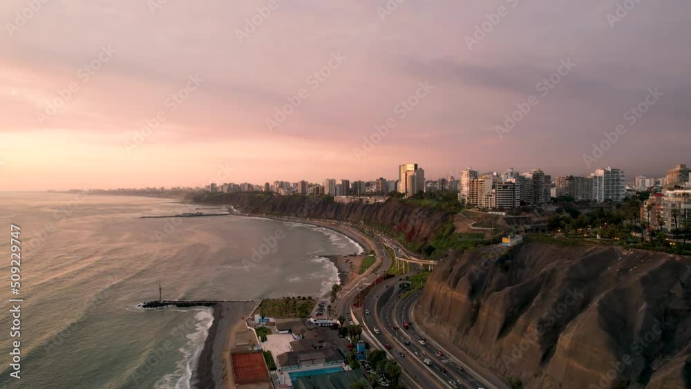 Aerial view along Lima, Peru along the coast also known as Circuito de ...