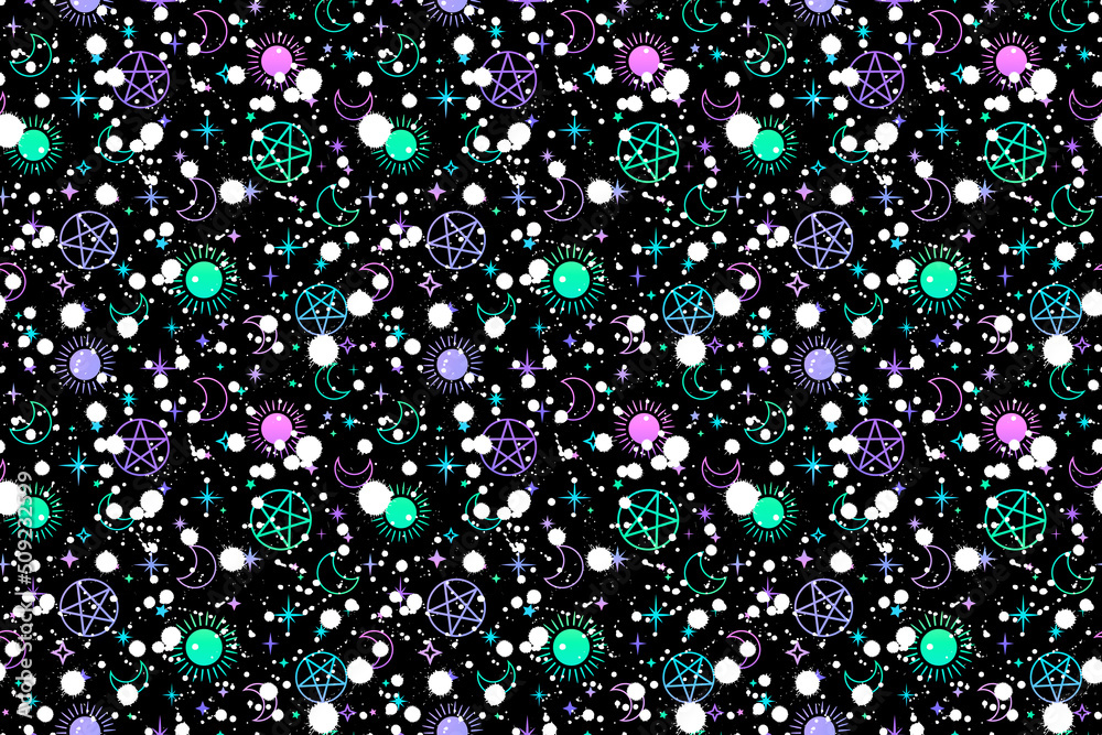 mystical esoteric pattern with moon and magic symbols and white paint ...