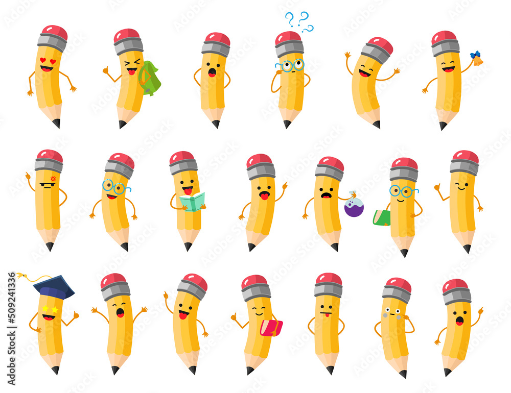 Set of happy pencils with books, backpack, glasses, graduation cap ...