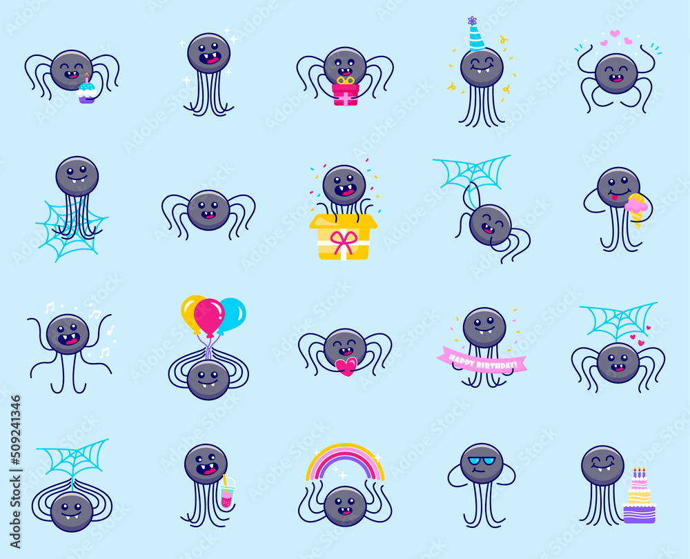 Cute spider emoji. Set of birthday spiders with eyes and different ...