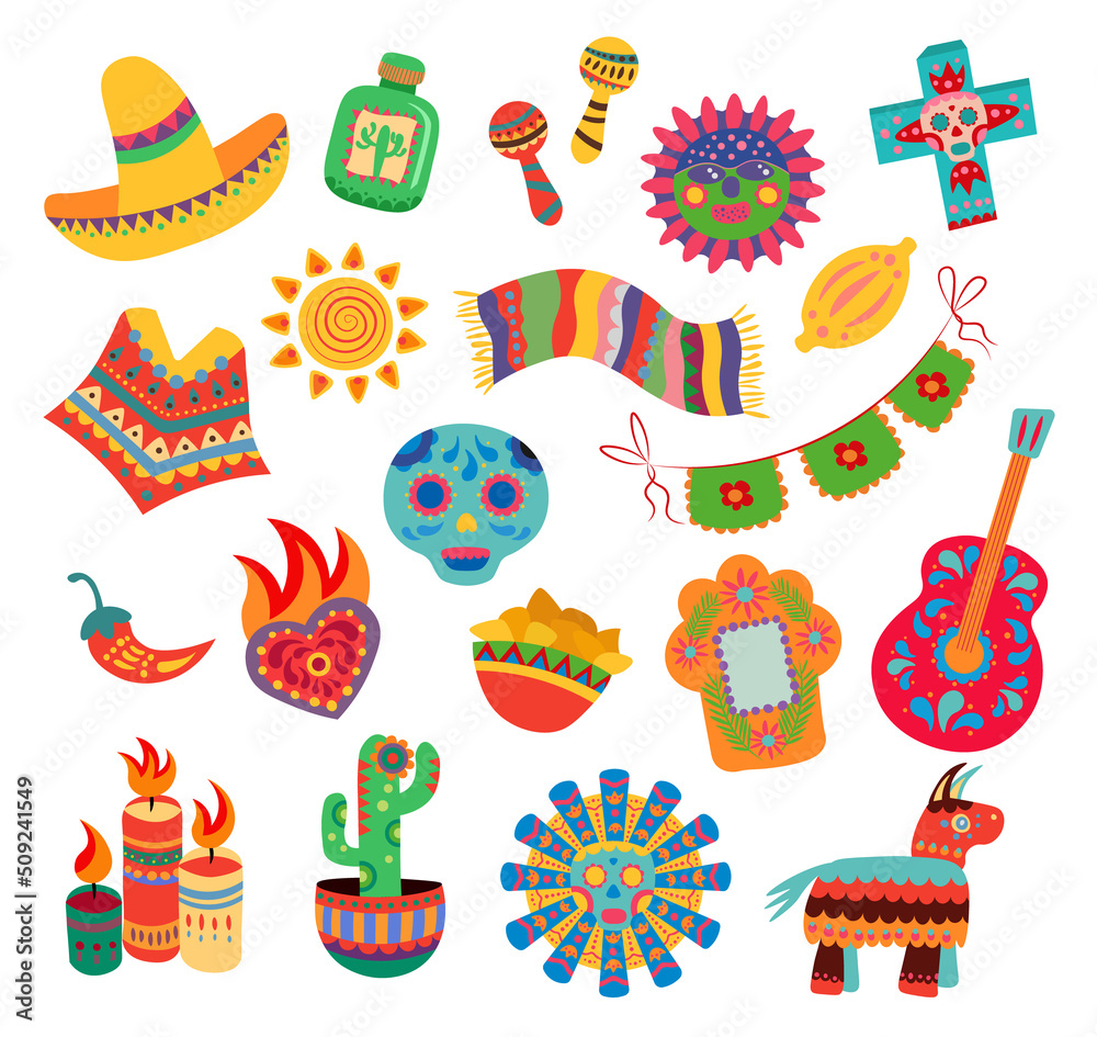 Mexican elements set. Colorful traditional Mexico signs, objects with ...