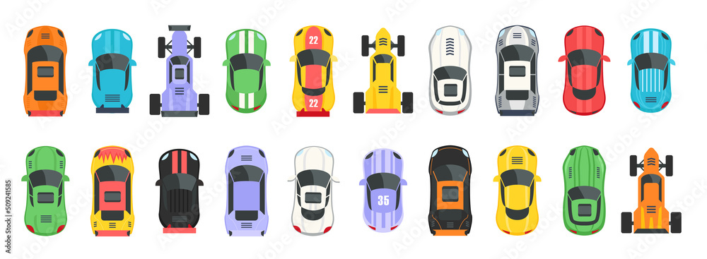 Sport and racing cars set. Modern vehicle elements top view of ...