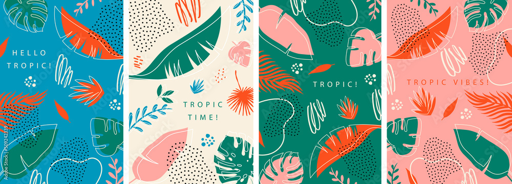 Poster set with colorful abstract tropical leaves, doodles and dots ...