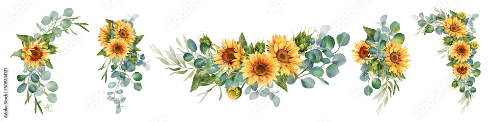 Sunflower and eucalyptus leaves bouquet. Watercolor floral illustration ...