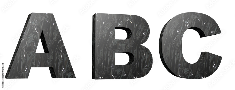 Plasticized alphabet. Letters A, B, C. Black plastic font. Synthetic ...