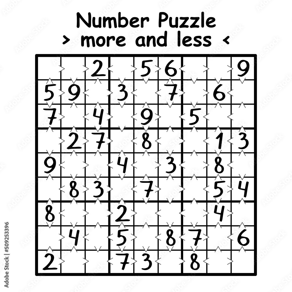 Sudoku puzzle with more and less symbols vector illustration. Funny ...