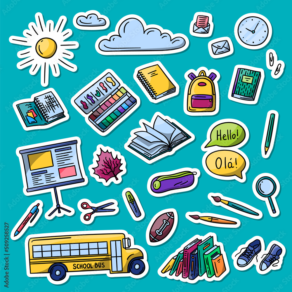 Vector hand drawn Back to School colorful doodles sticker set. Includes ...