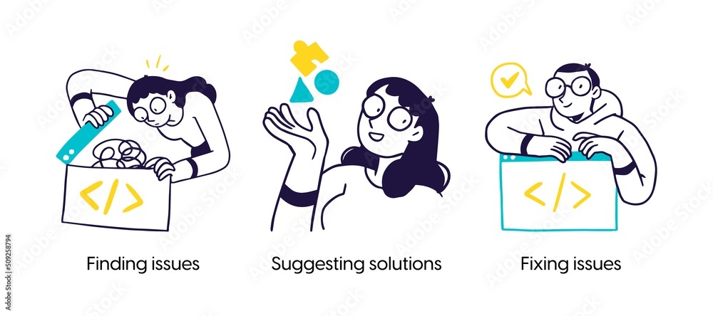 Vetor de Fixing errors and bugs in software and quality control - set ... Vetor de Fixing errors and bugs in software and quality control - set ...