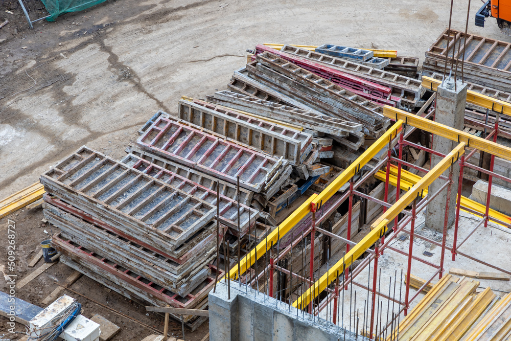 Stacked steel formwork at a construction site. Monolithic construction ...