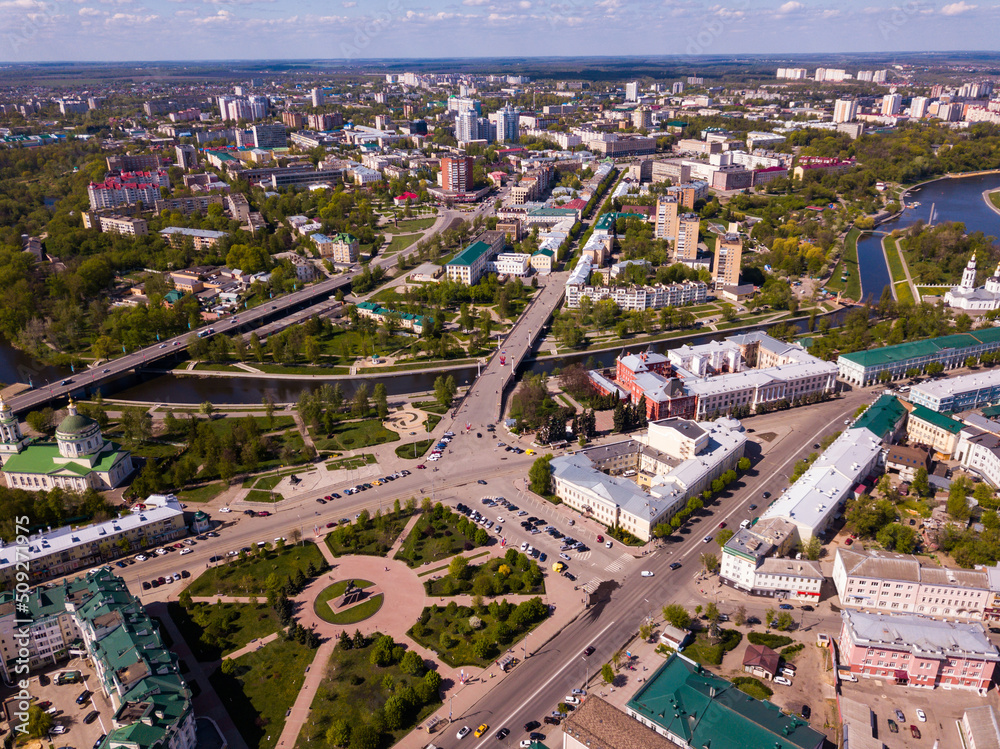 Aerial view of historic center of old Russian city of Oryol on banks of ...