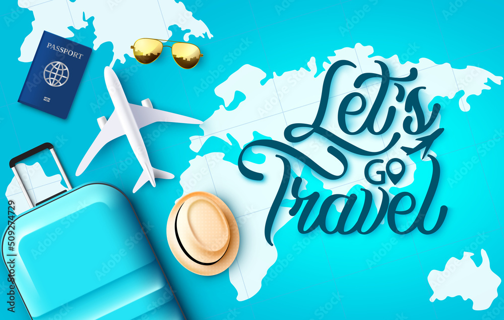 Travel vector background design. Let's go travel text in blue map with ...