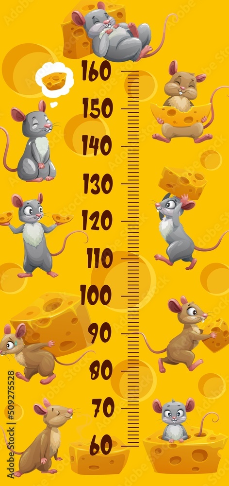 Cartoon funny cute mouse and mice with cheese, kids height chart ...