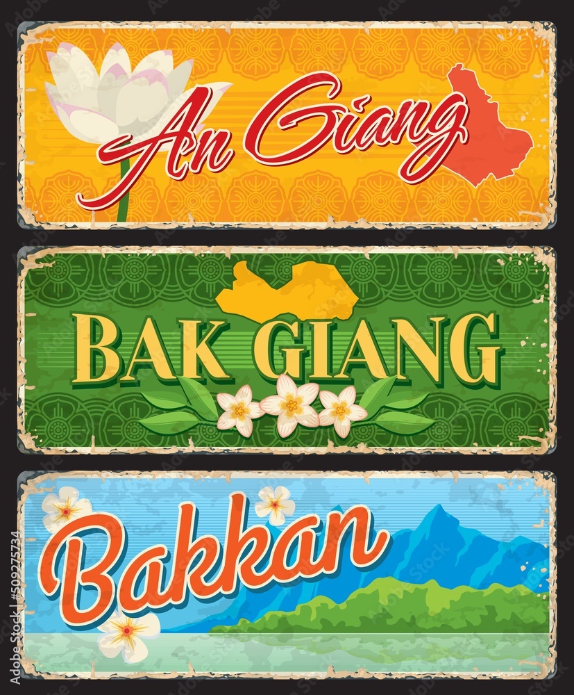 An Giang, Bak Giang and Bakkan Vietnamese travel stickers and plates ...