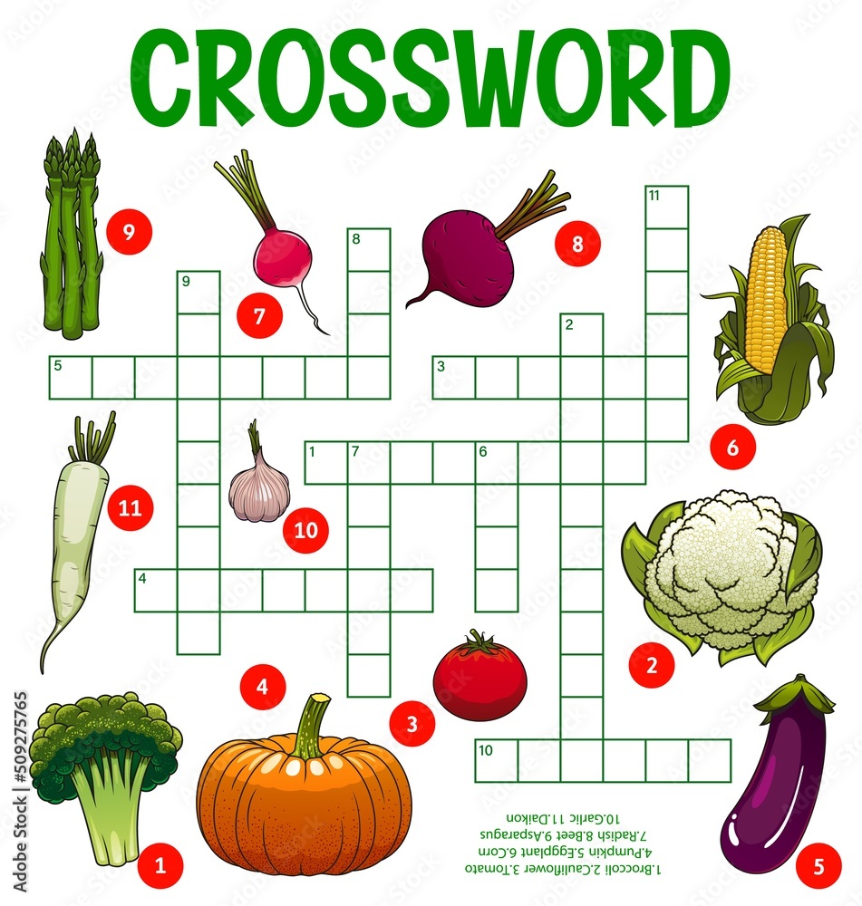 Cartoon raw vegetables crossword puzzle worksheet. Find a word quiz ...