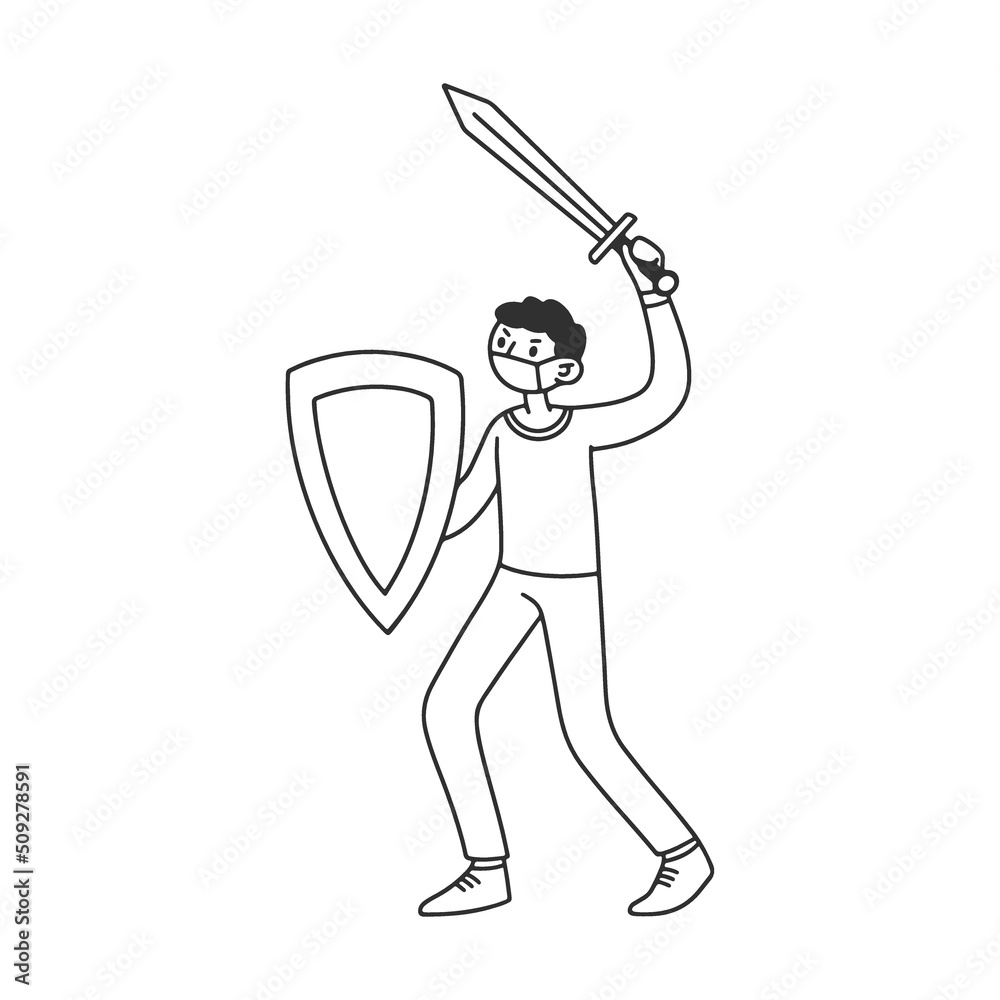 Linear hand drawing. People protecting from coronavirus. Man wearing ...