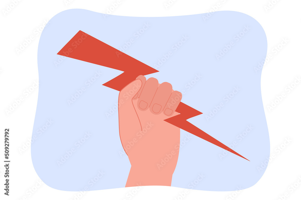 Hand of person holding red comic lightning. Electrician or activist ...
