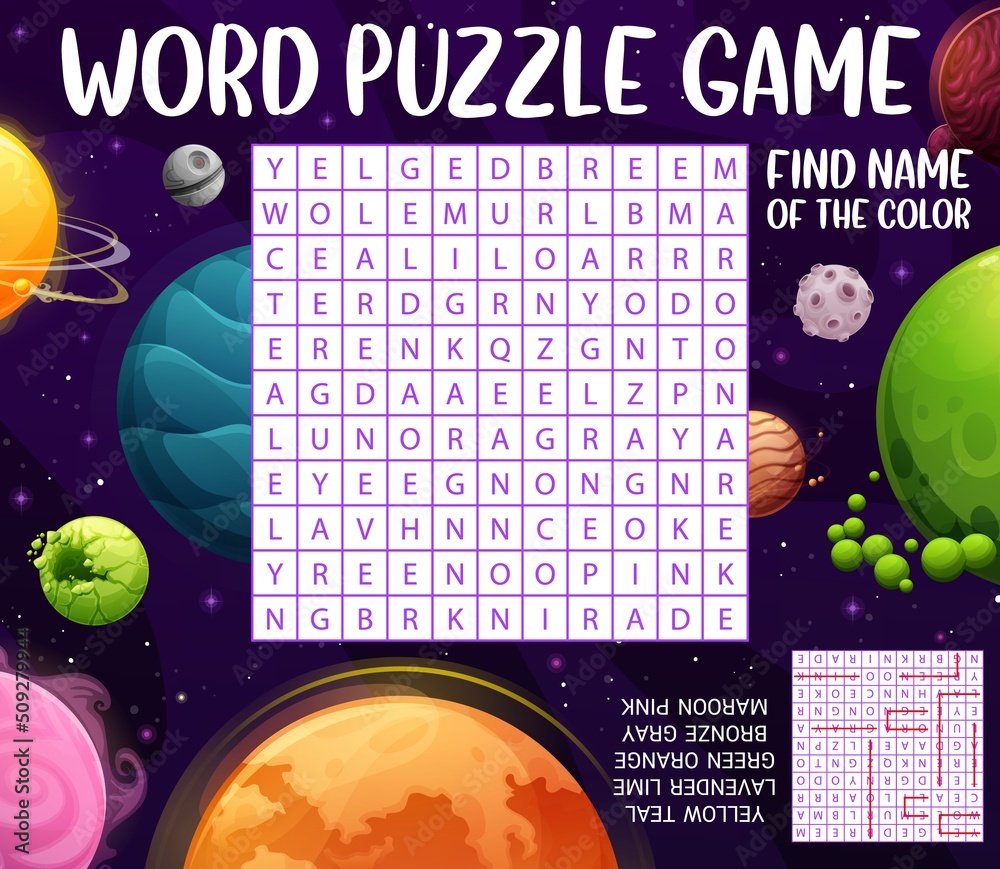 Cartoon space planets and stars word search puzzle game vector ...