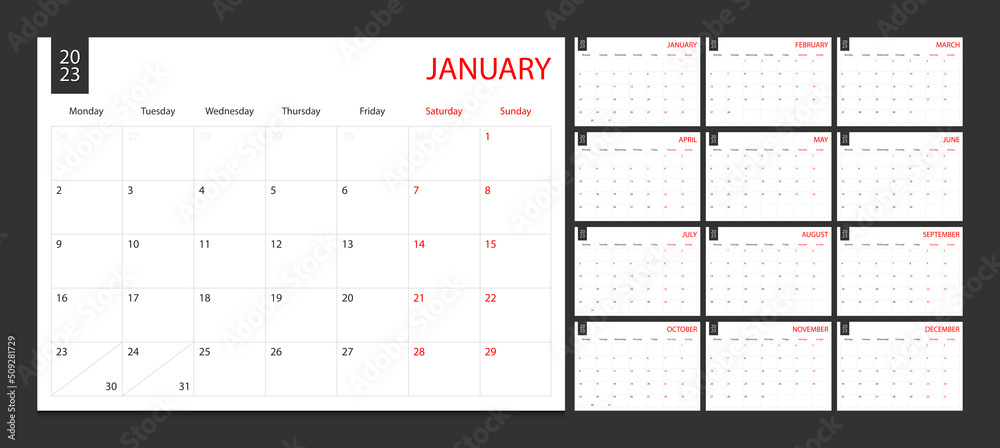 Calendar 2023 week start Monday corporate design planner template ...