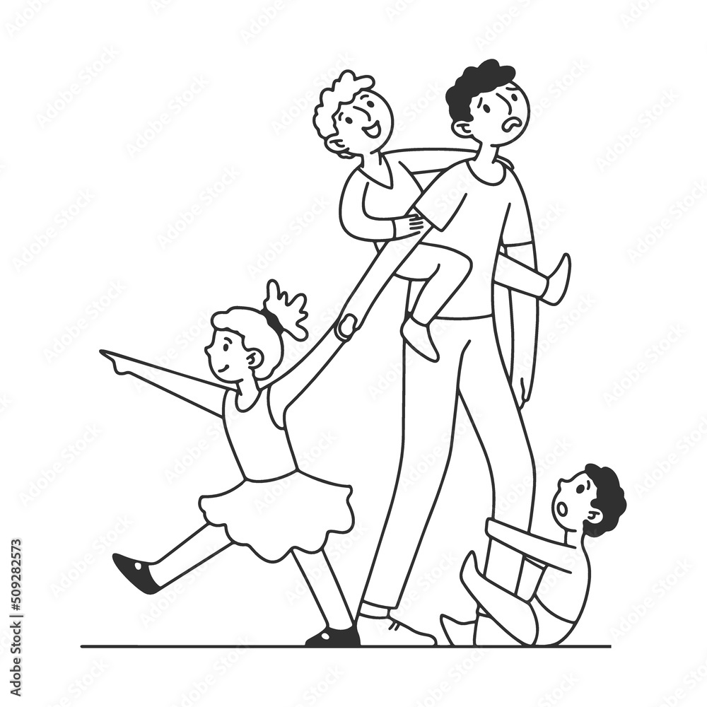 Linear hand drawing. Tired dad with many children flat vector ...