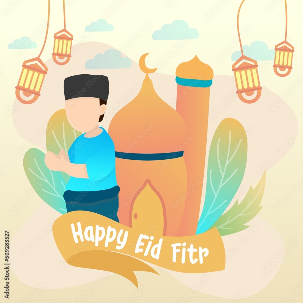 boy congratulates happy Eid al-Fitr with a mosque and lantern lights ...