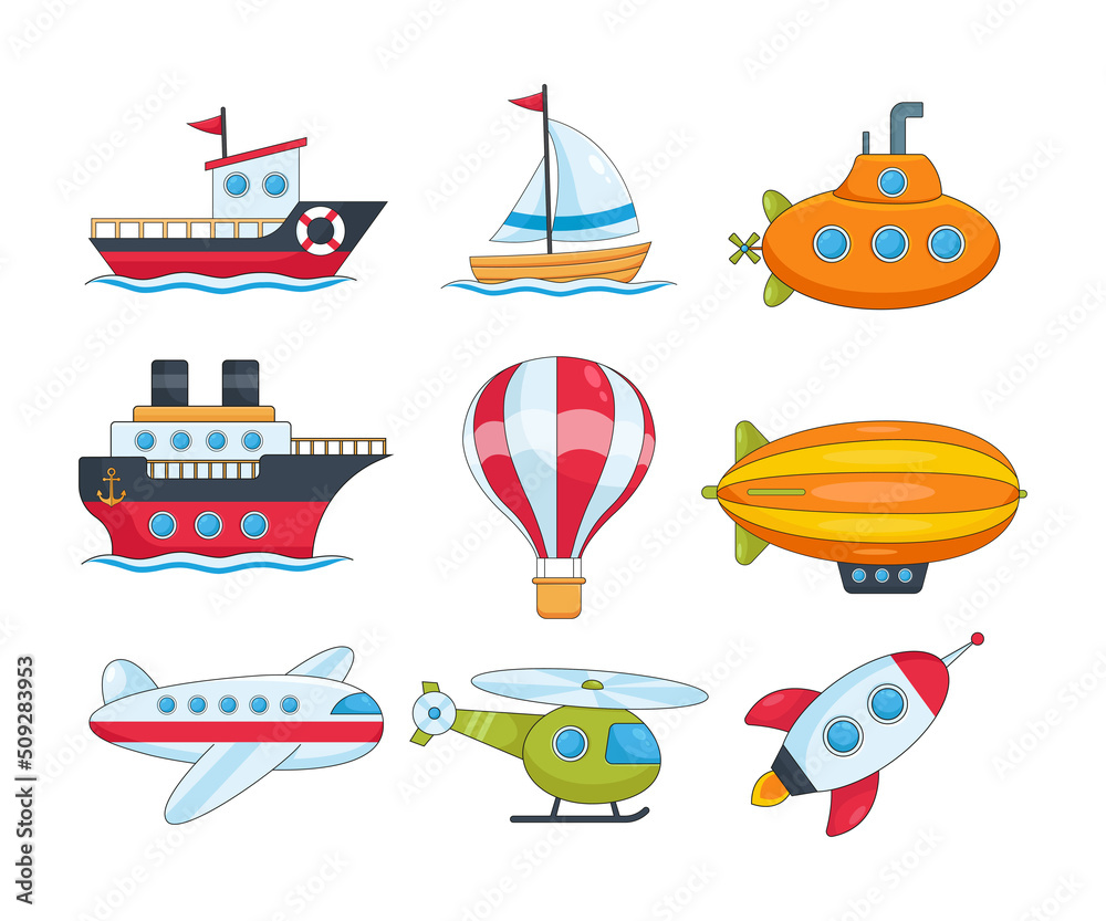 Different water and air transport vector illustrations set. Collection ...