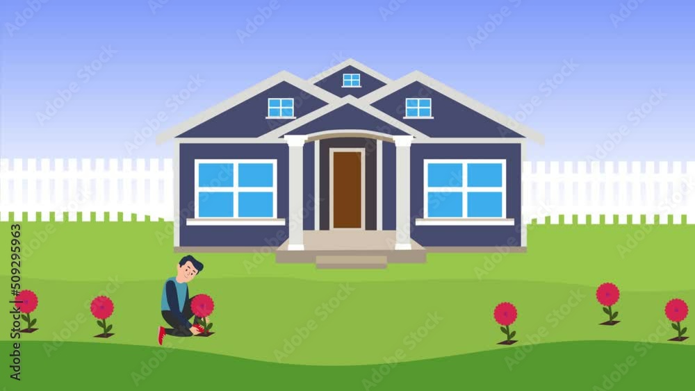 Man gardening in front of his house 4K animation. Male flat character ...
