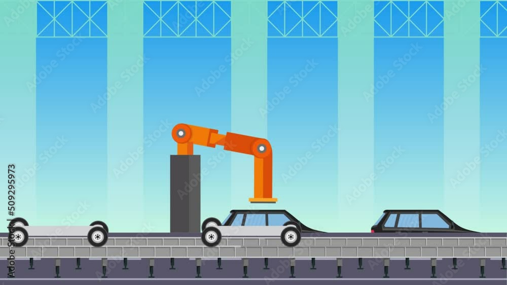 Car assembly factory animation with black car frame and wheel ...