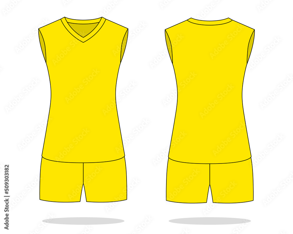 Women's blank yellow sleeveless volleyball jersey template on white ...
