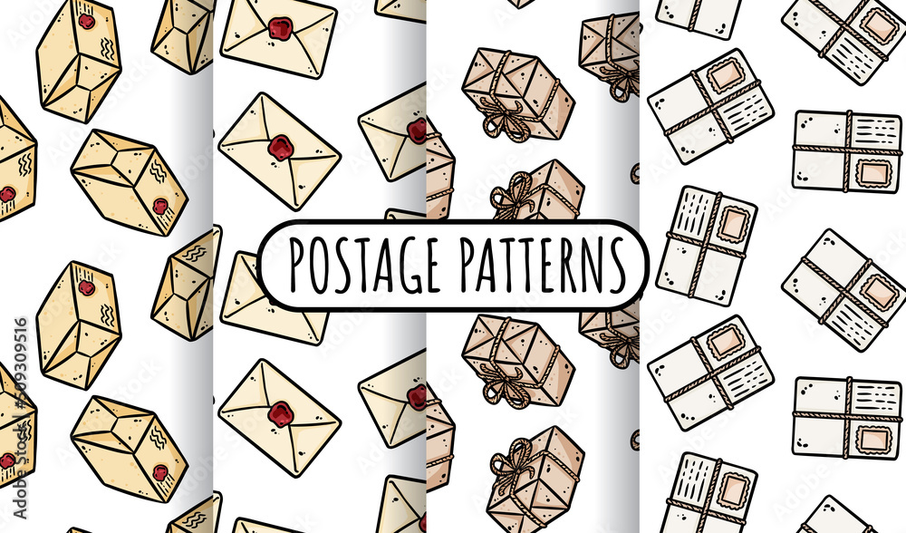 Set of postage patterns. Cute cartoon mail post envelopes and mail boxes doodles seamless border ...